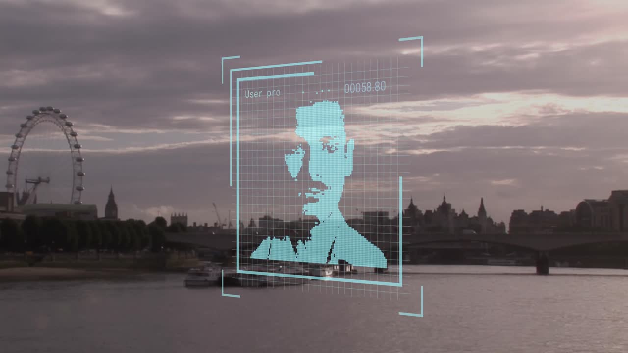 Animation of biometric photos and data processing over london cityscape ...