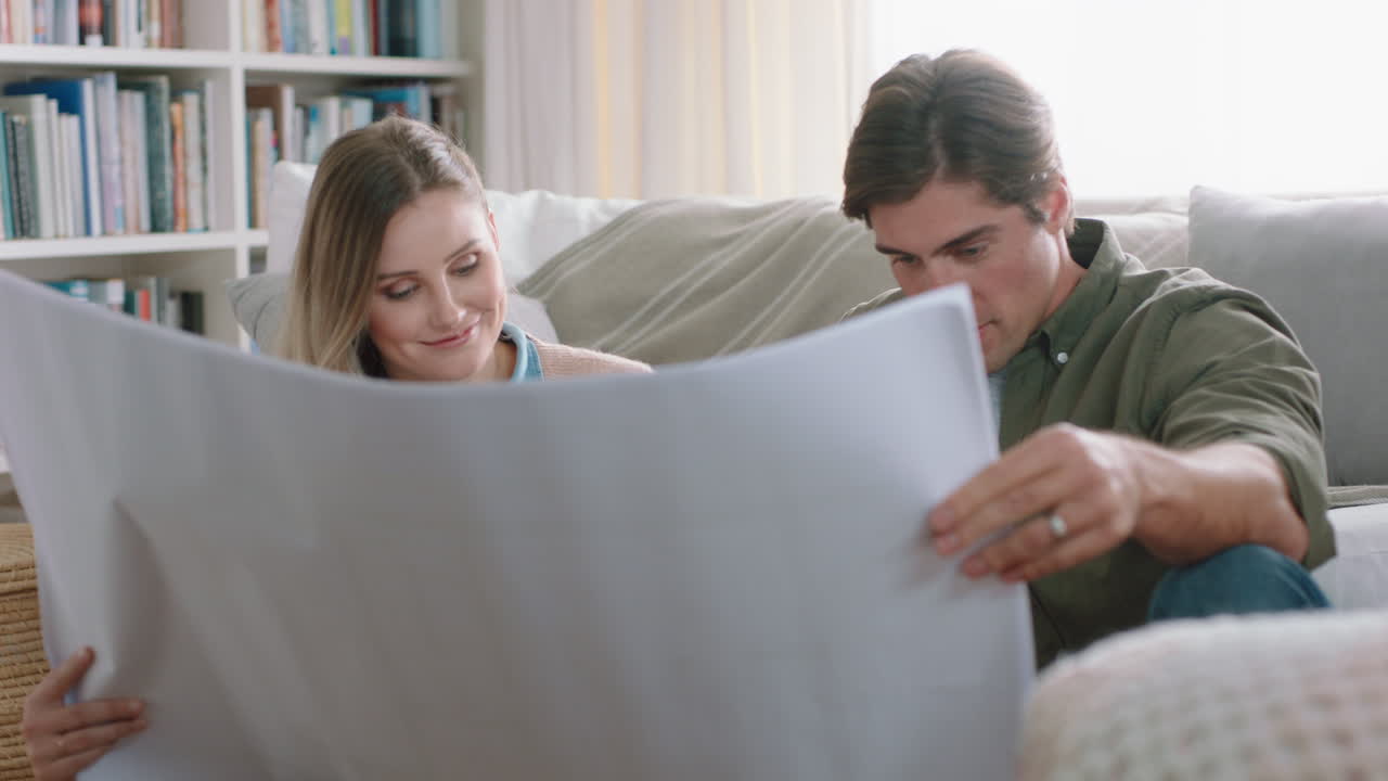 Young Couple Looking At Architectural Plan Of House Planning Home ...