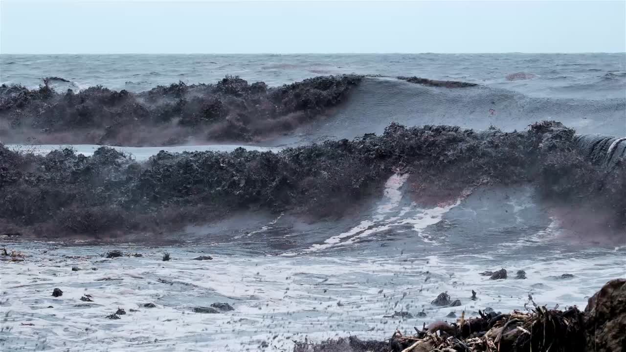 Premium stock video - Muddy ocean waves crash onto rocks