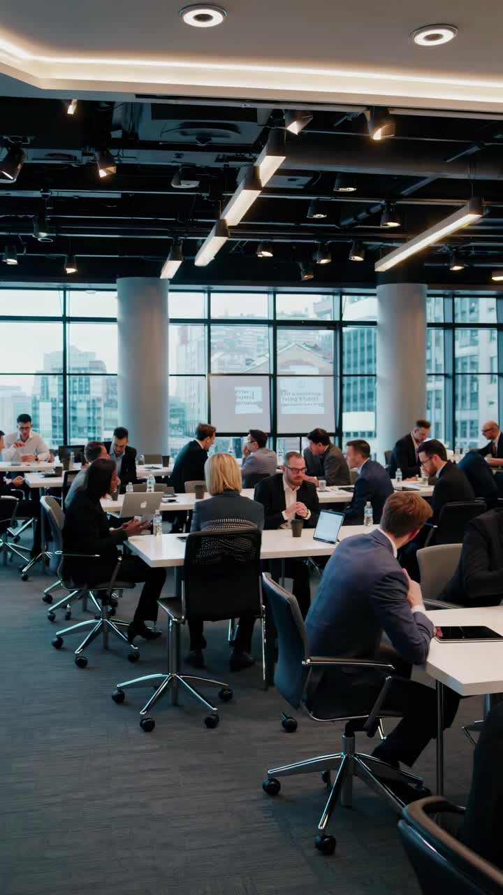 High-angle shot of a bustling office with professionals collaborating ...