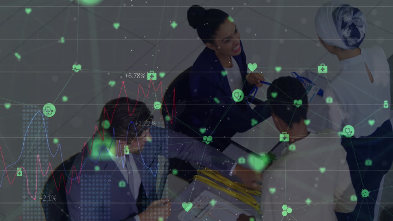 Animation of network of connections with icons over diverse business ...