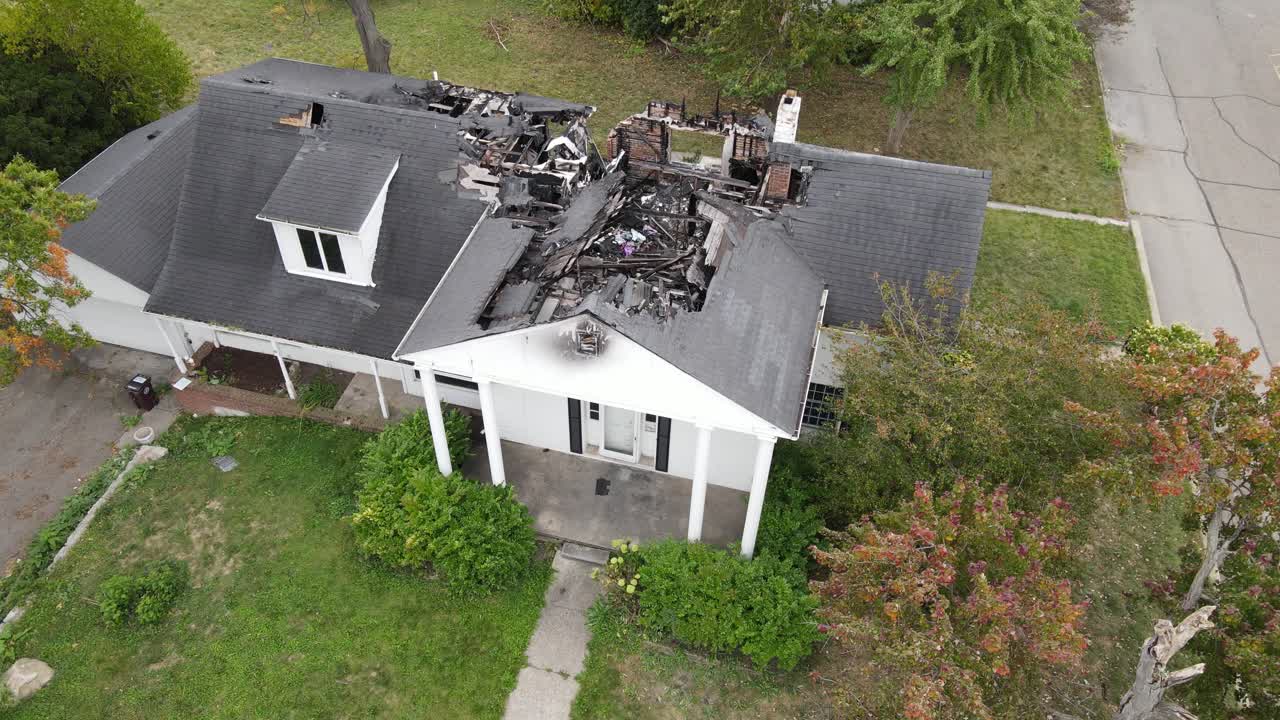 Premium stock video - Destroyed luxury home in fire accident, view from ...