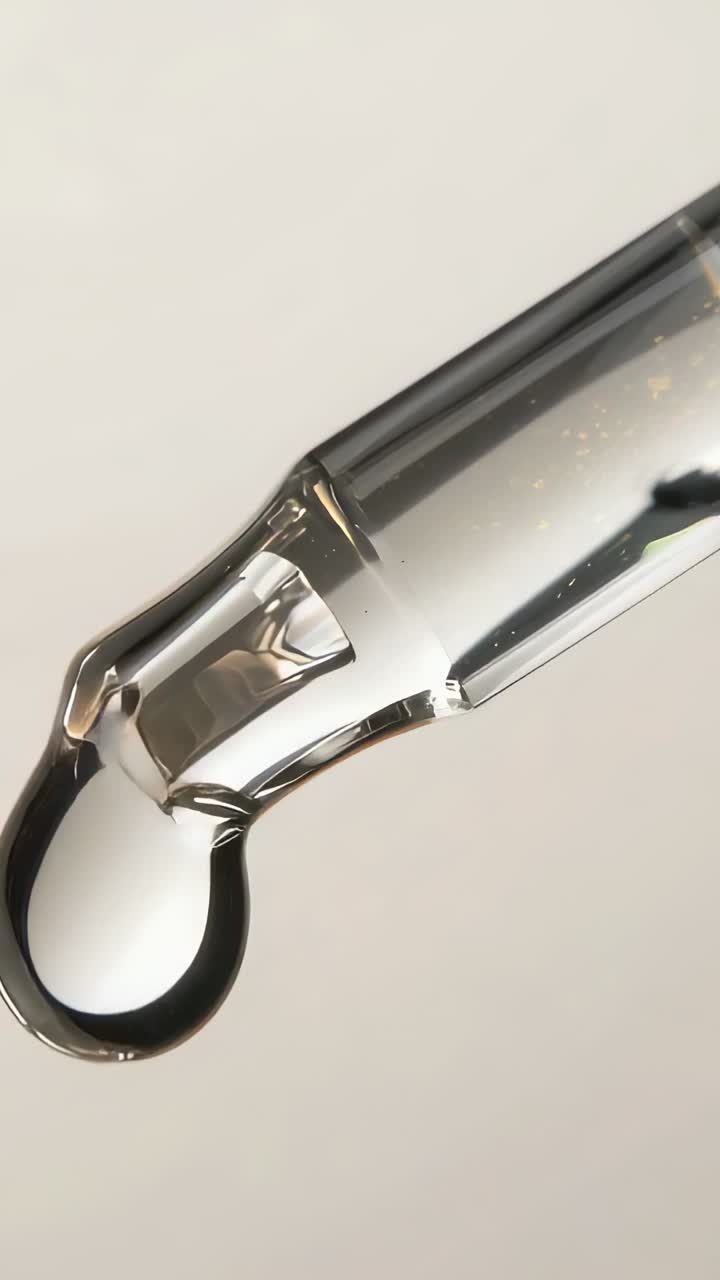 Vertical video: Gravity pulling serum from dropper pipette tip forming ...
