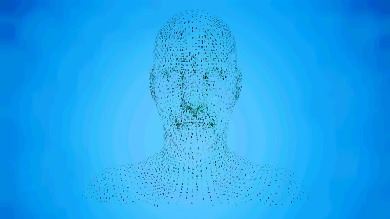 Animation of human head formed with binary coding spinning over blue ...