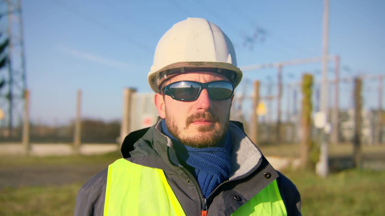 Male engineer wearing safety reflective vest and sunglasses while ...