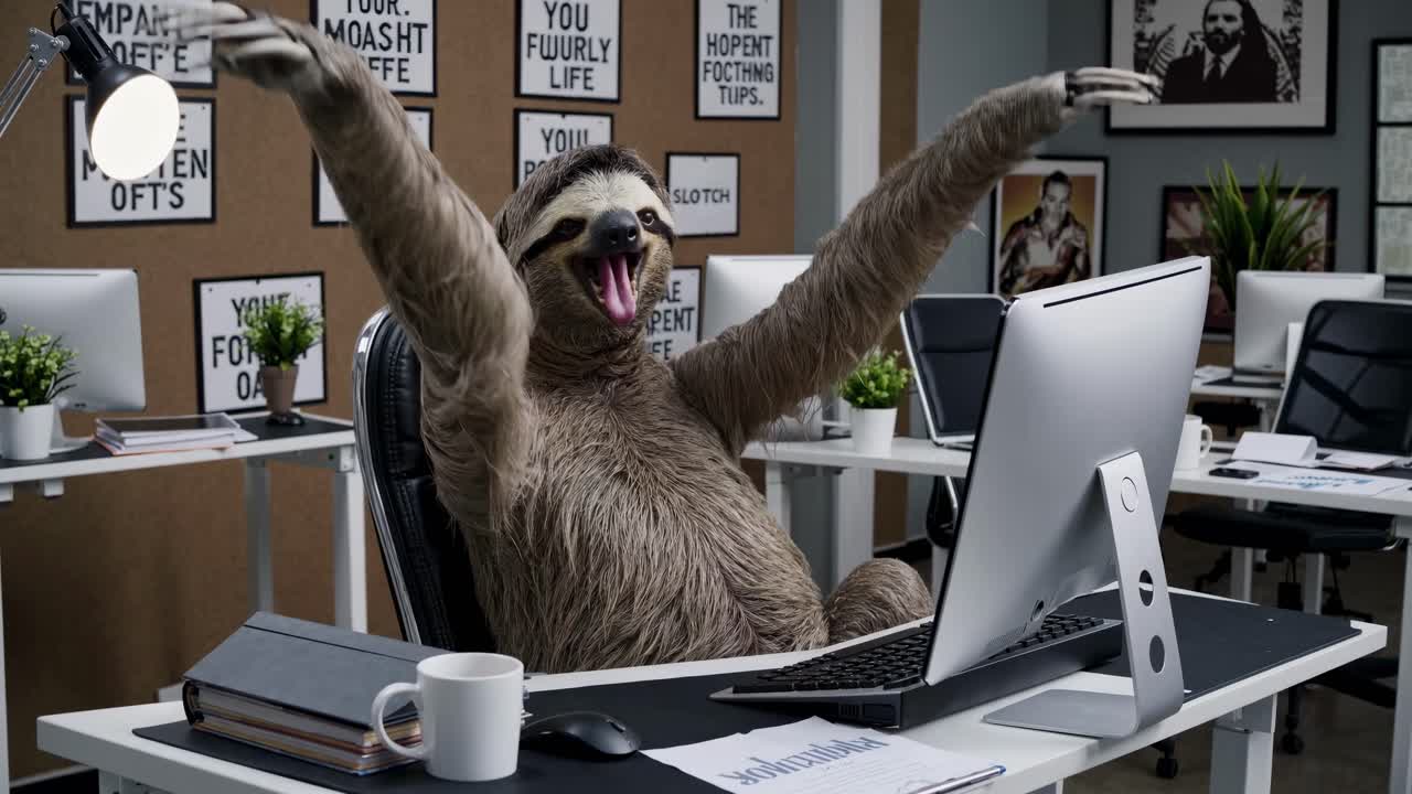 A humorous video scene shows a sloth at a desk in an office, arms ...