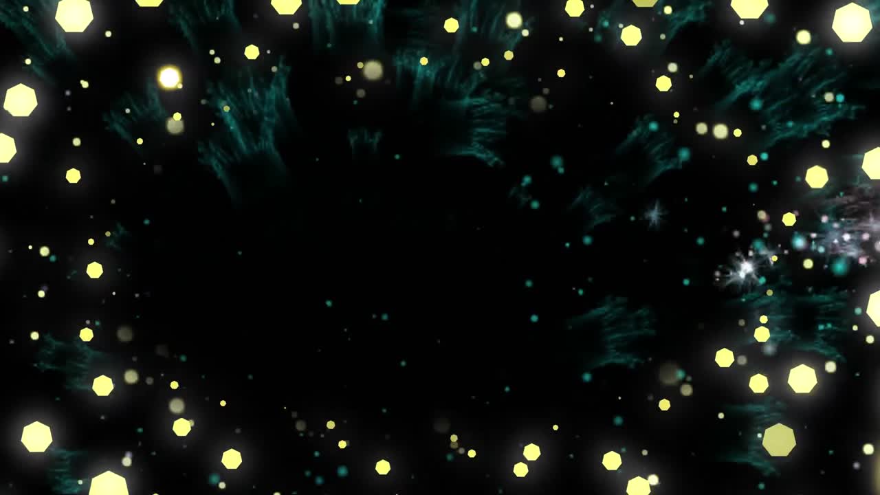 Animation of fireworks and christmas fairy lights flickering over black ...