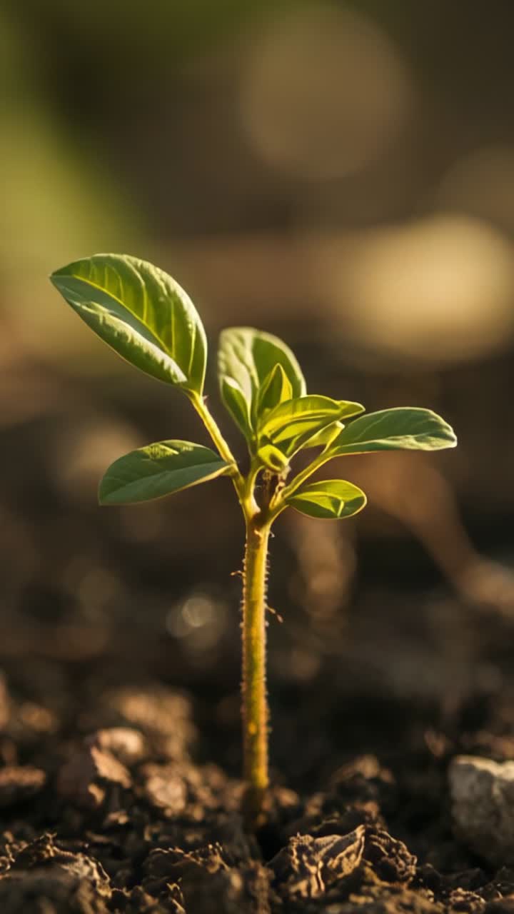 Vertical video: Emerging green seedling sprouting from moist soil in ...