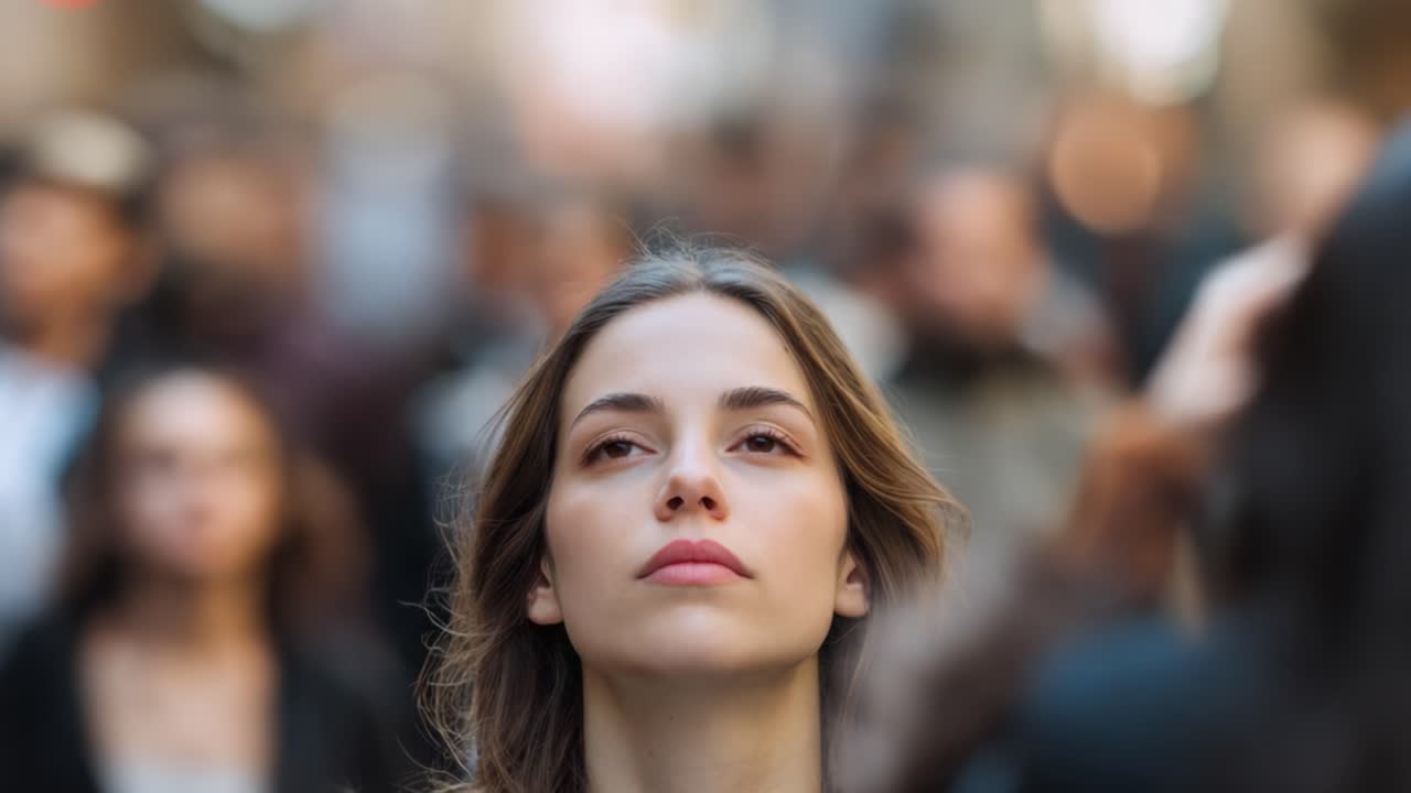 A Young Woman with Serene Expression Amidst a Busy City Crowd ...