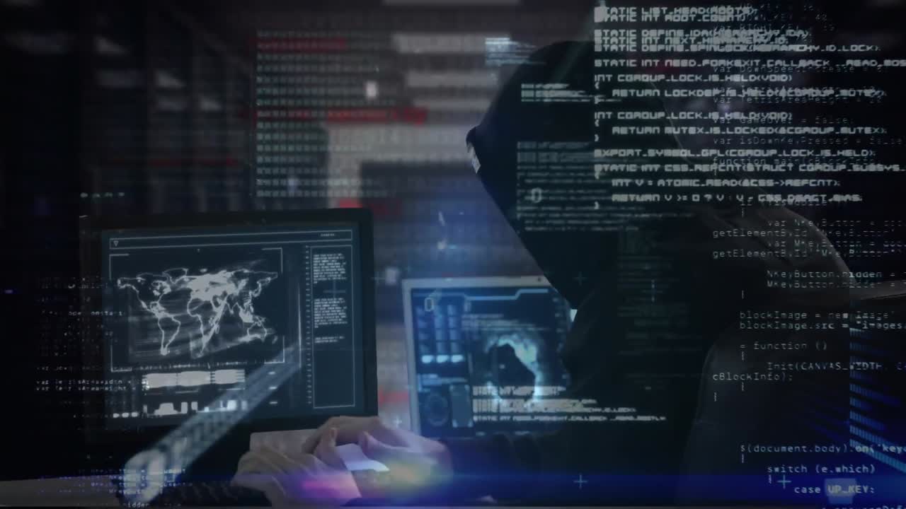 Premium stock video - Hacker hacking computer with data on the foreground