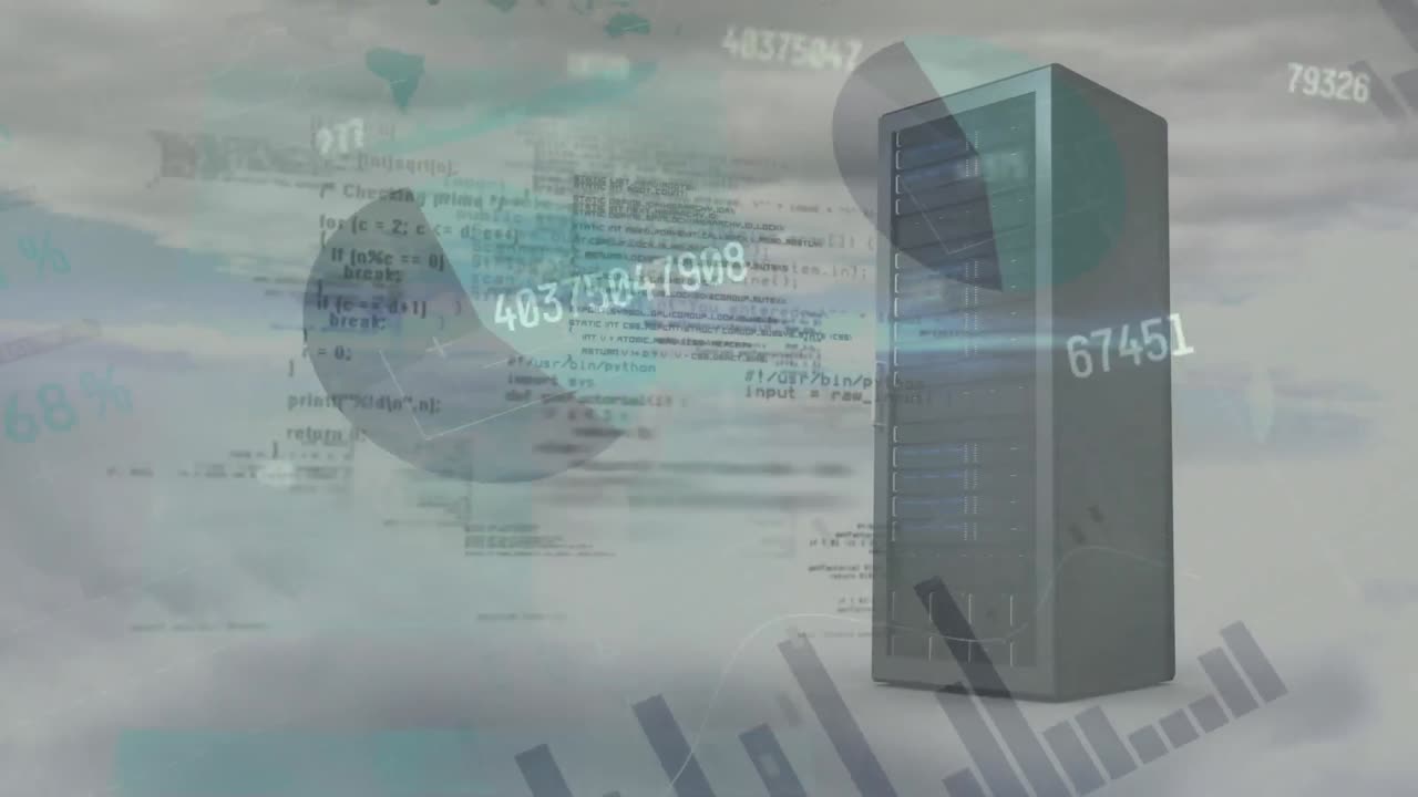 Animation Of Programming Language Multiple Charts Numbers Over Clouds