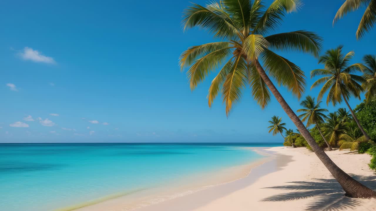 A serene beach scene with turquoise waters and palm trees. Captured ...