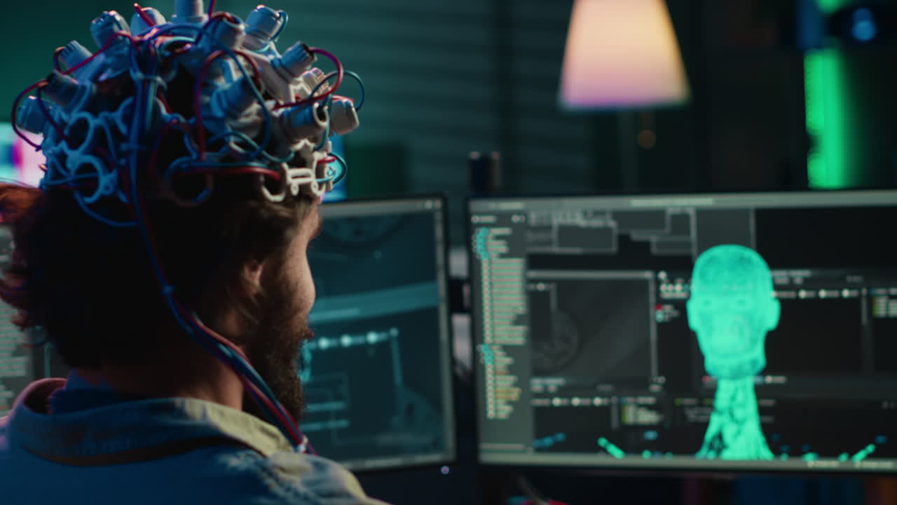 Premium stock video - Developer with eeg headset on programming brain ...