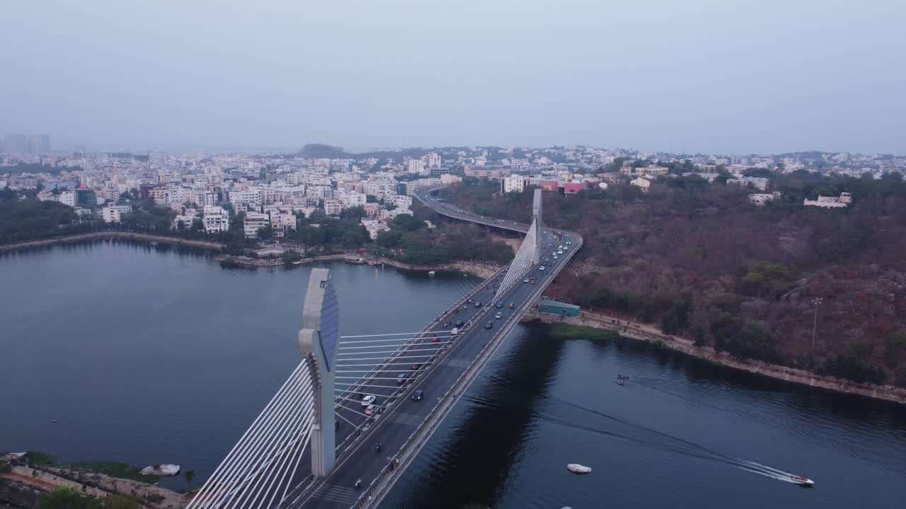 Drone Shot Of The Durgam Cheruvu Cable Bridge On The Durgam Cheruvu ...