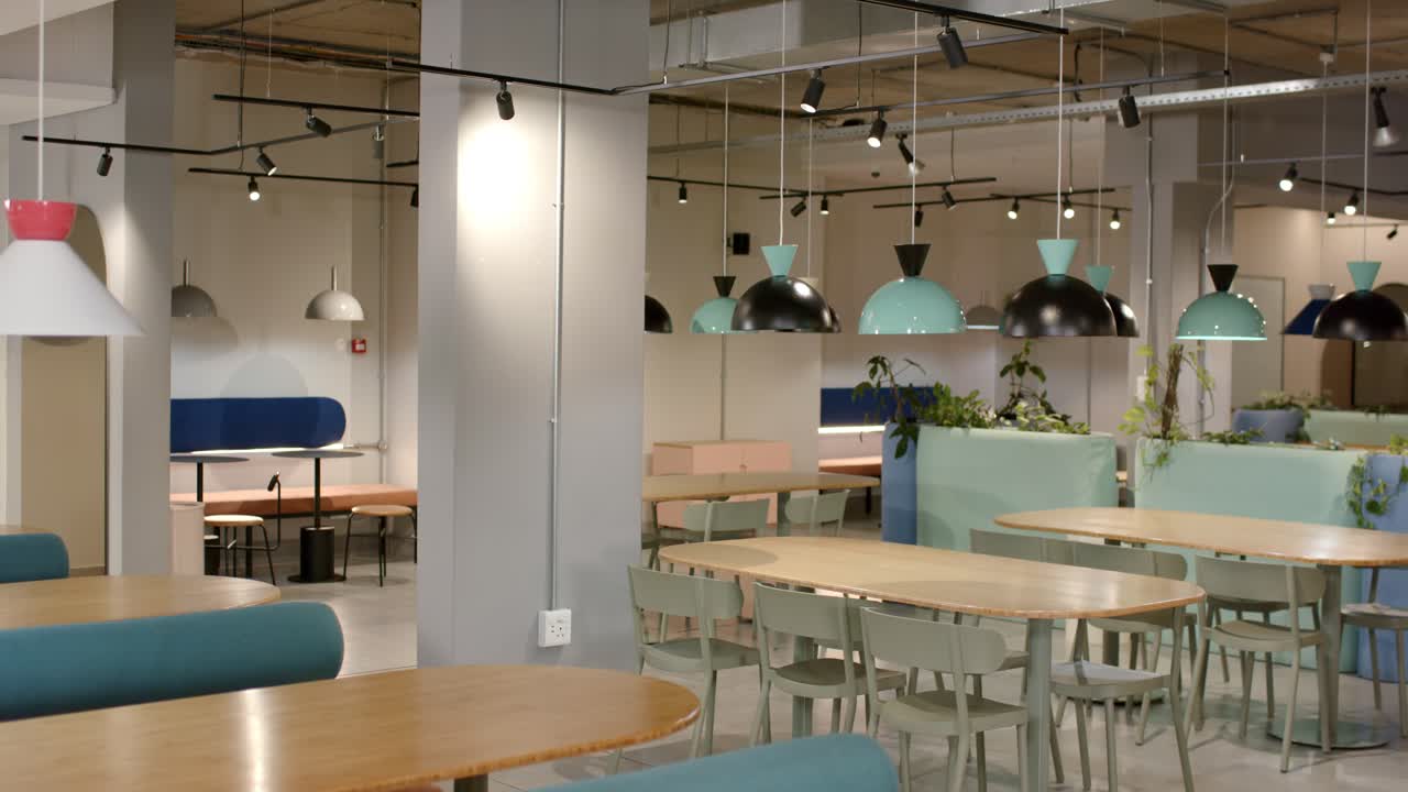 Camera is panning right, revealing empty communal dining space with ...