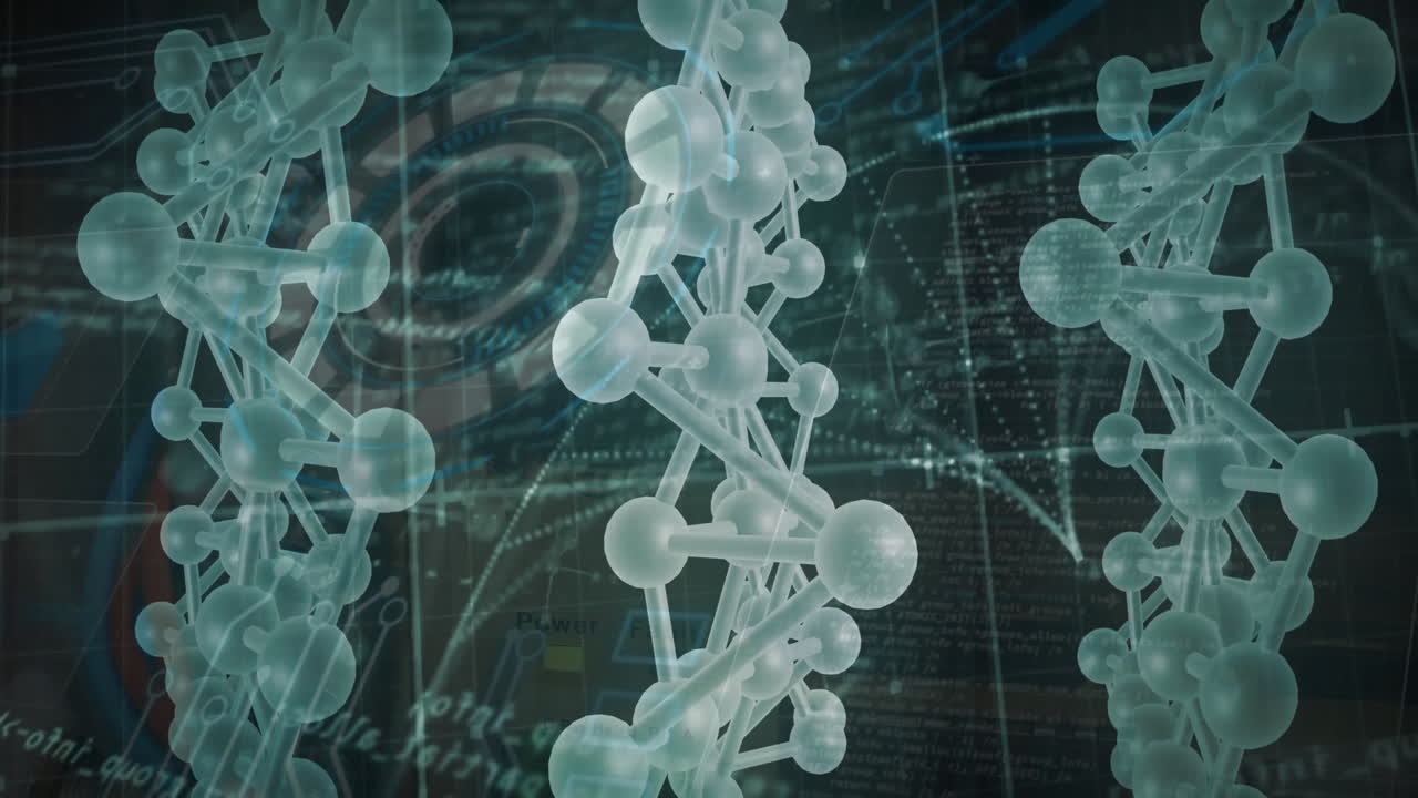 animation of molecules and dna strand over data processing with scope scanning on black ...