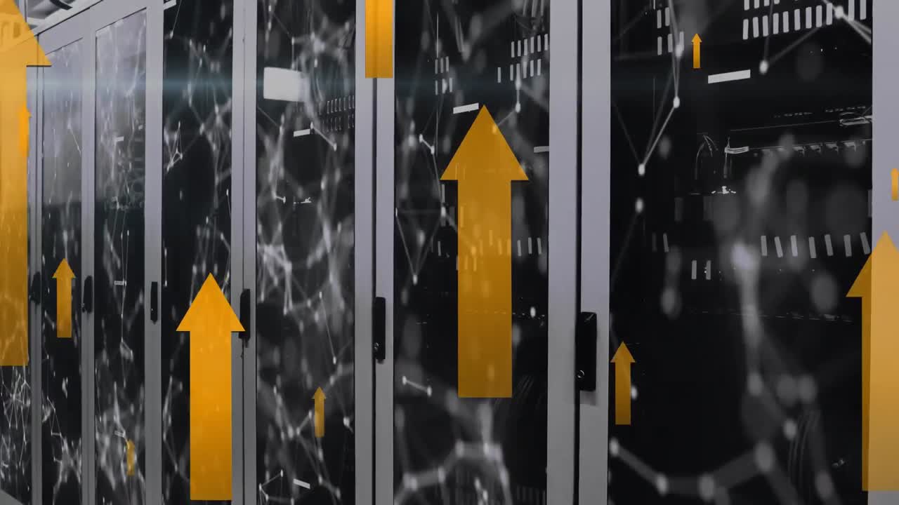 Animation of multiple arrow icons moving upwards and network of connections against server room ...