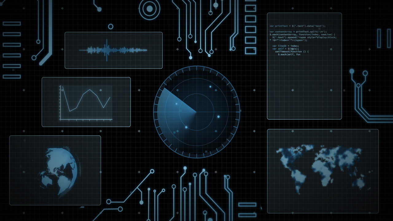 Animation Of Scope, Circuit Board And Data Processing Over Screens On Black Background Free ...