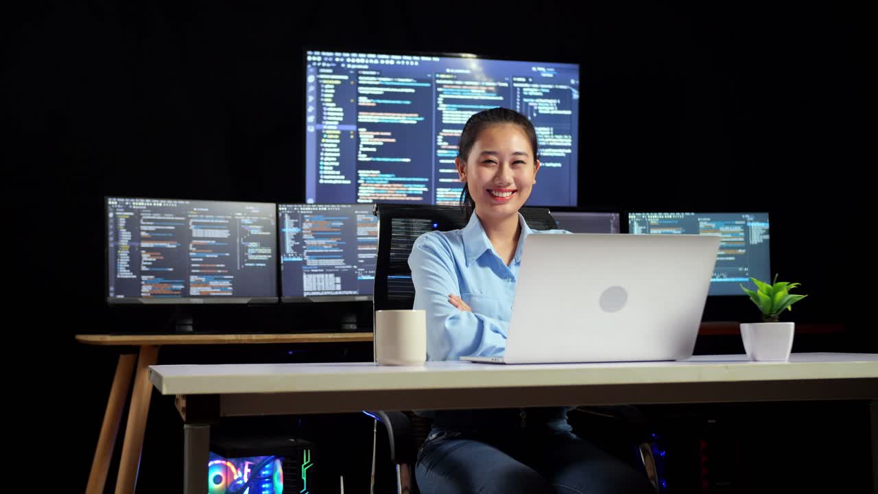 Asian Female Programmer Smiling To Camera And Cross Arm While Writing ...