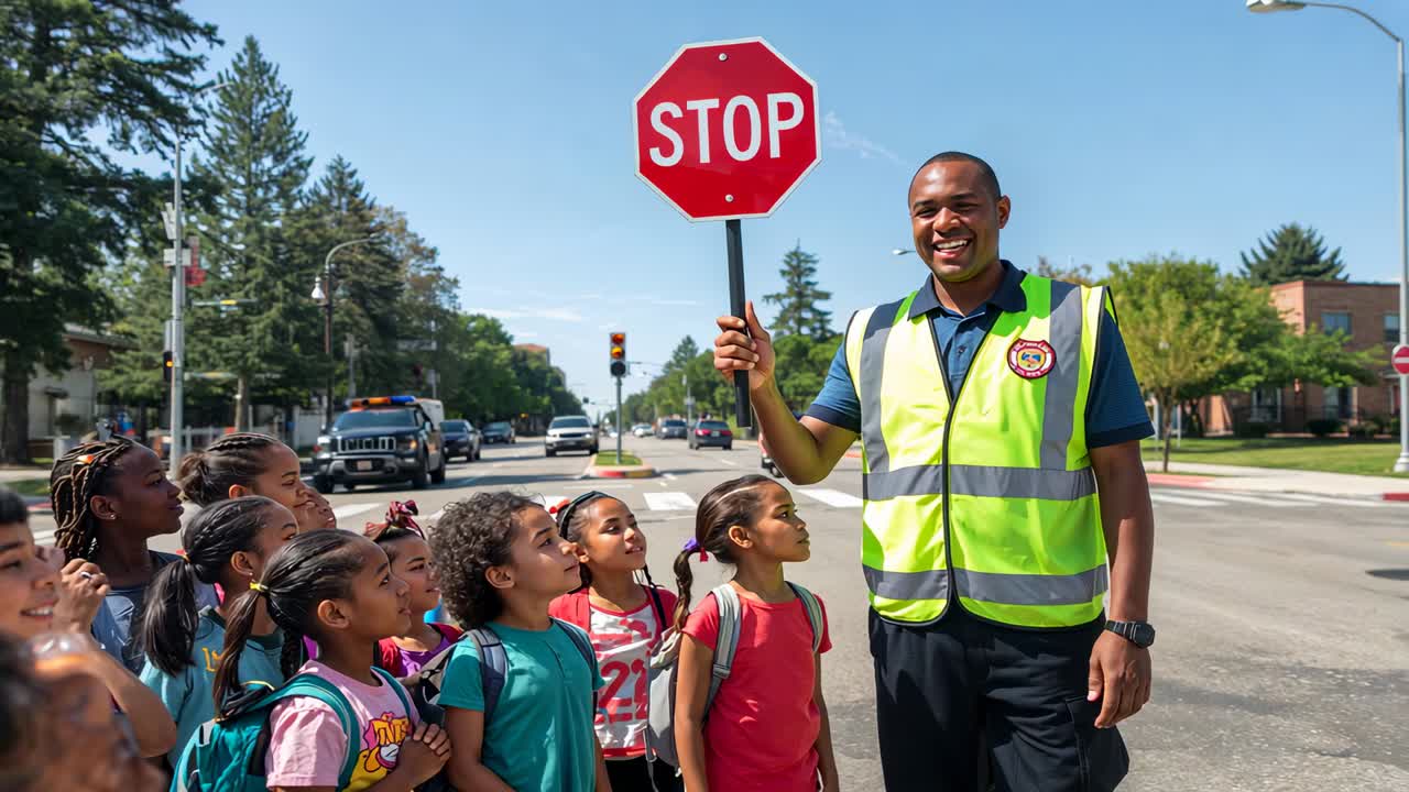 Raising stop sign, crossing guard in hi-vis vest at curb, stopping ...