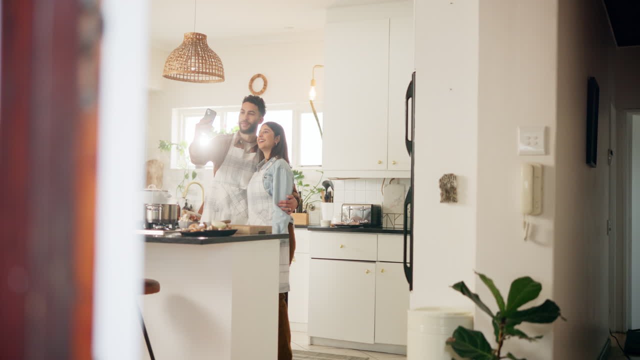 Couple taking a selfie in their kitchen while cooking | Premium Stock ...
