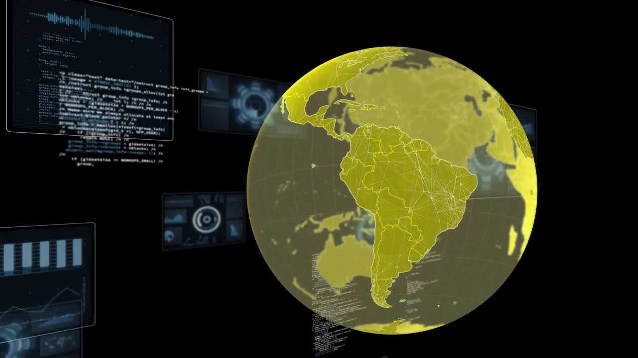 Animation Of Digital Yellow Globe Over Moving Programming Codes And ...