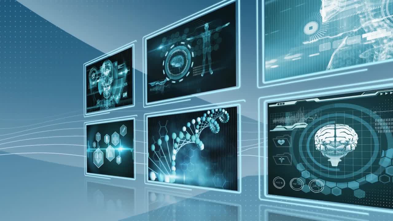 Premium stock video - Screens with data processing on blue background