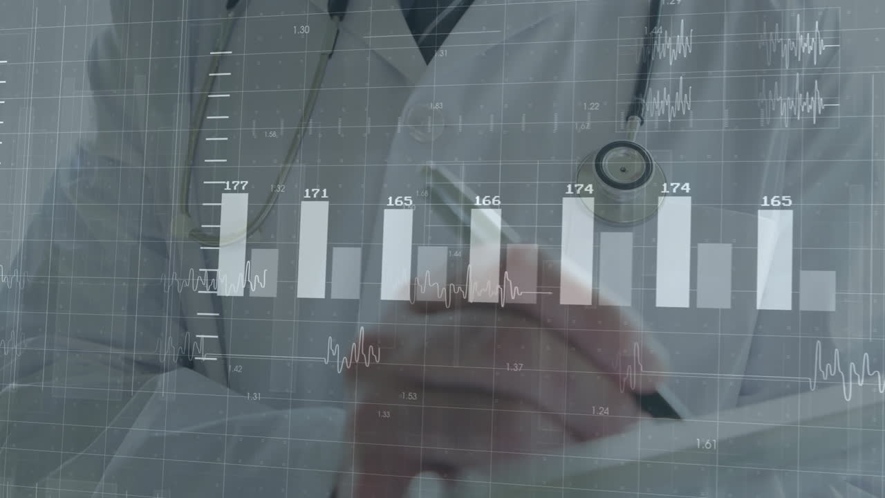 Analyzing medical data with bar graphs and heartbeat lines, doctor ...
