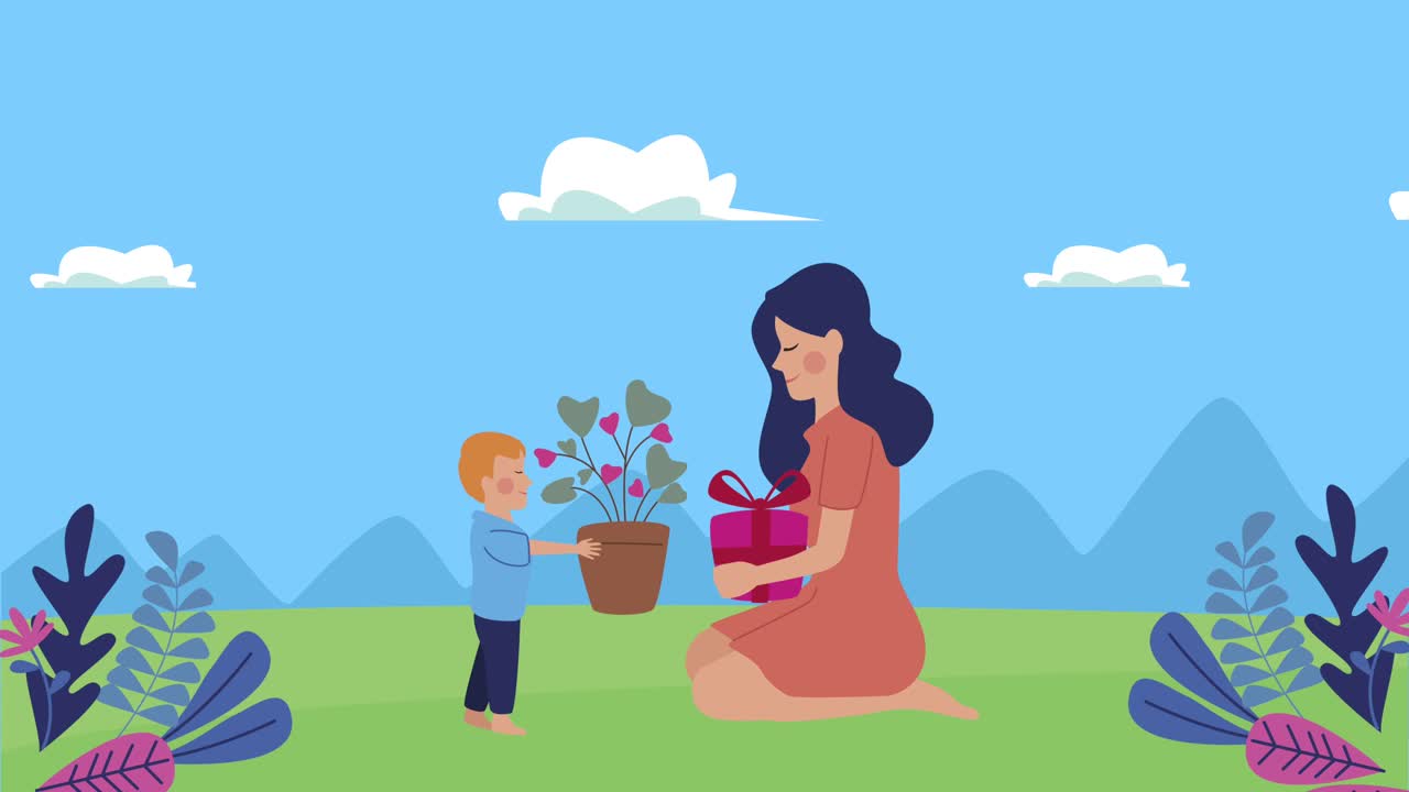 Feliz cartão de dia das mães com o filho dando planta para a mãe no ...