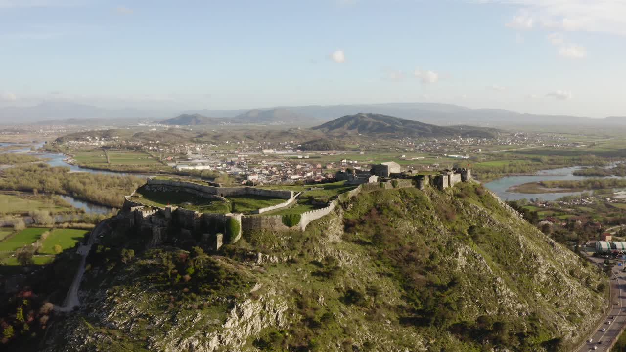 Premium stock video - Aerial panoramic over imposing rozafa castle, aka ...