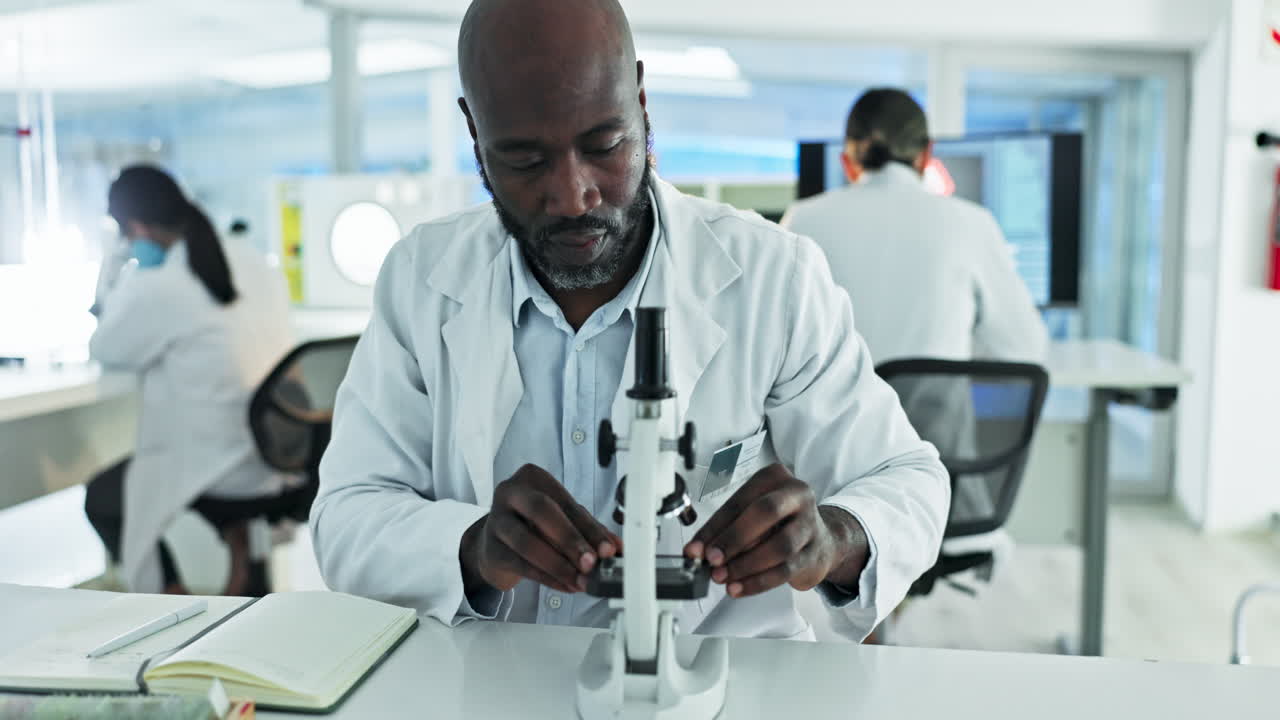 Premium stock video - Research, microscope or black man scientist