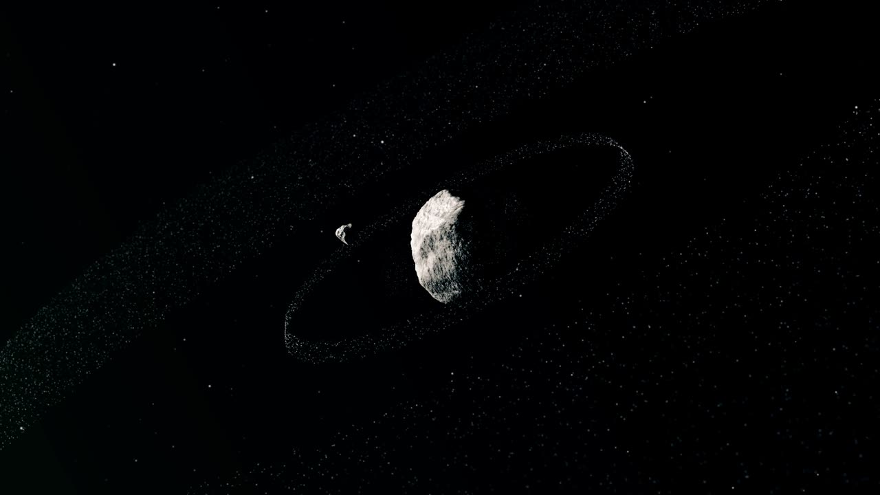 Large asteroid rotating with rocks and stone small size in the orbit ...