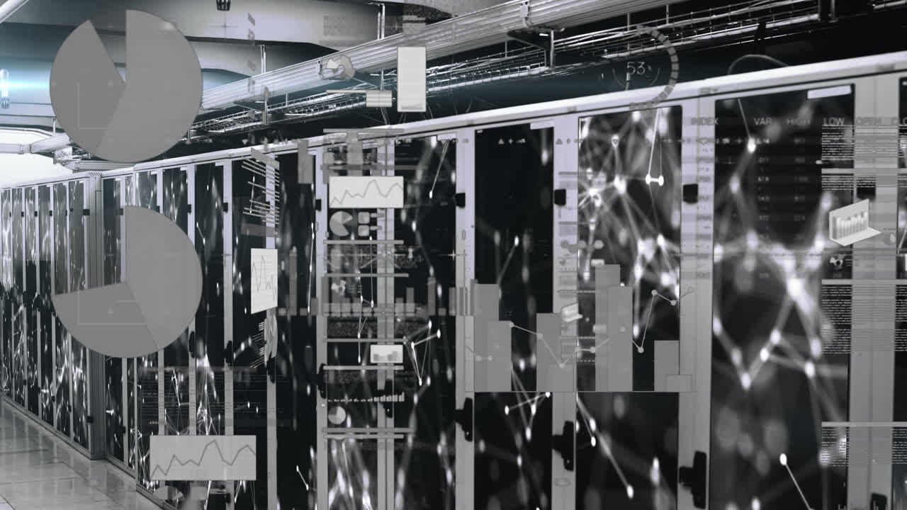 Animation Of Statistical Data Processing And Network Of Connections Over Computer Server Room