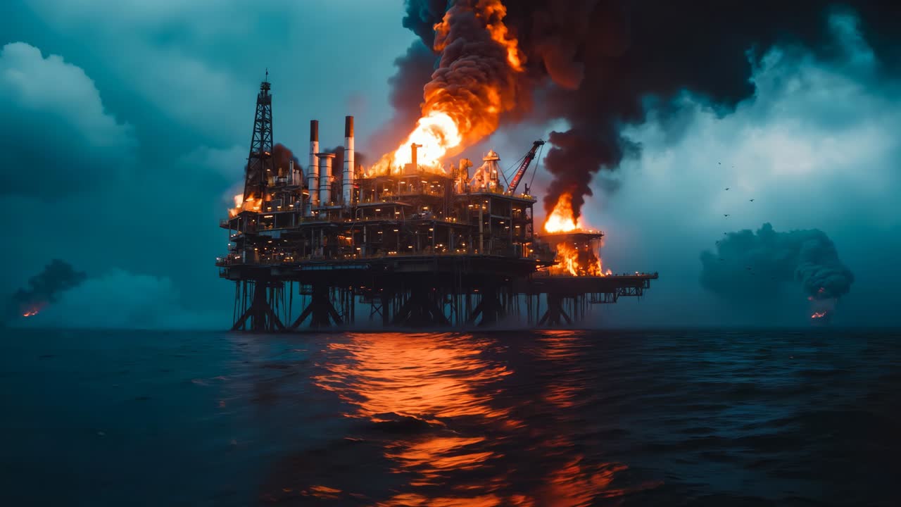 An oil rig in the middle of the ocean with a large plume of smoke ...