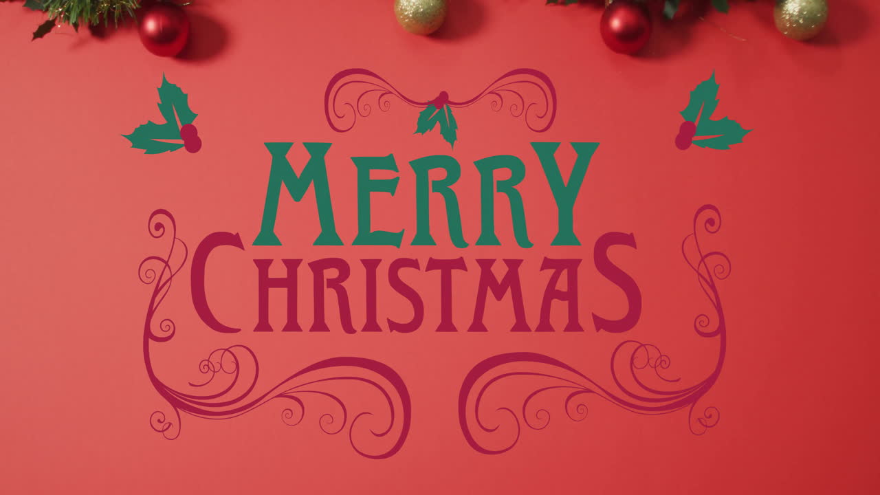 Merry Christmas text animation over red background with festive ...