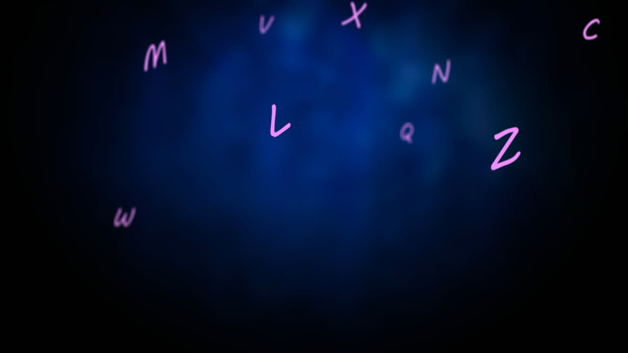 Premium stock video - Digital animation of multiple purple alphabets floating over glowing blue ...