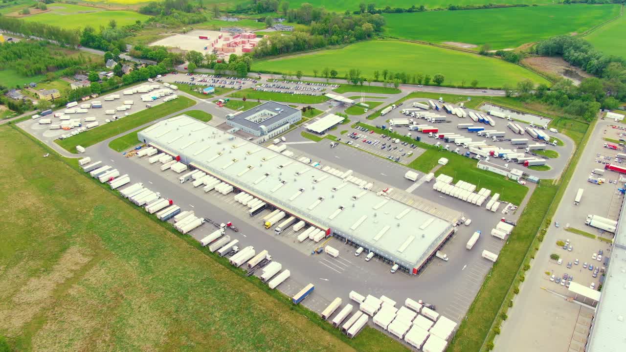 Aerial Top Down View Of The Big Logistics Park With Warehouses, Loading ...