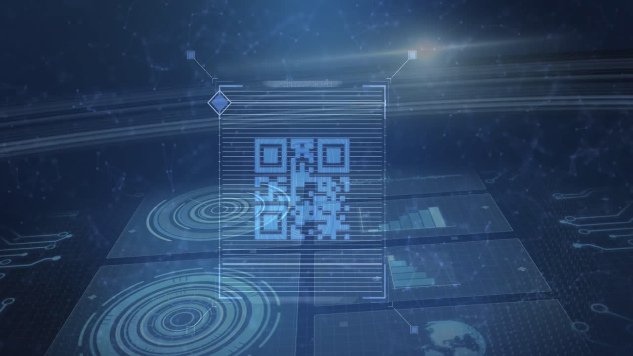 Animation Of Qr Code Data Scanning And Processing Over Blue Grid With ...