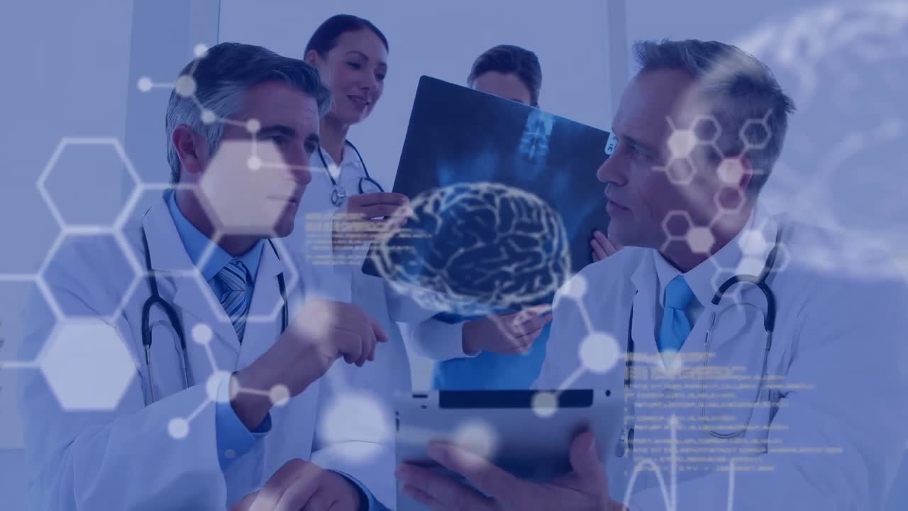 Animation of brains, molecule structures, computer language, diverse doctors analyzing reports ...