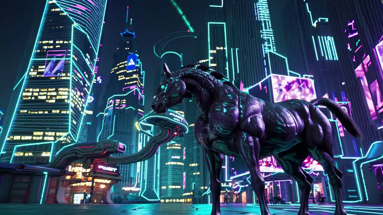 Cyberpunk Horse in Neon City | Premium Stock Video Footage