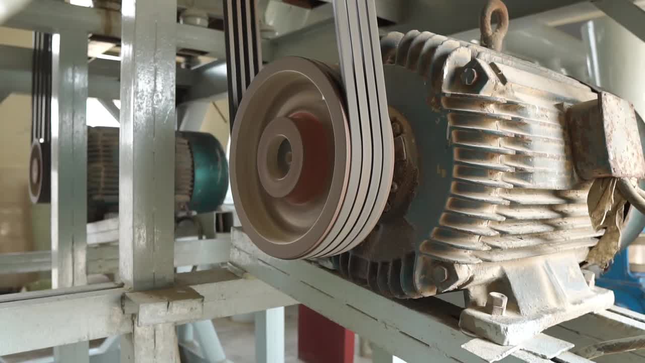 Spinning Belt Drive Electric Motor Generators At Flour Mill Factory In ...