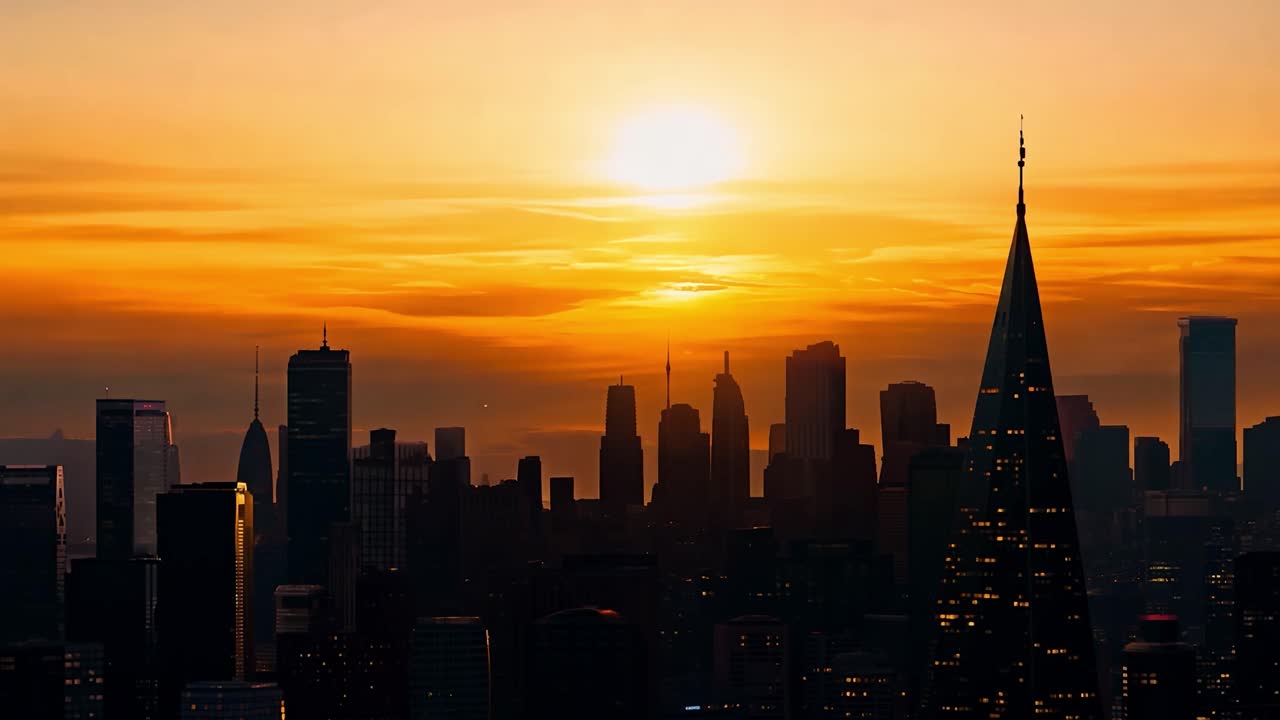sunrise over the new york city skyline casts long shadows from towering ...