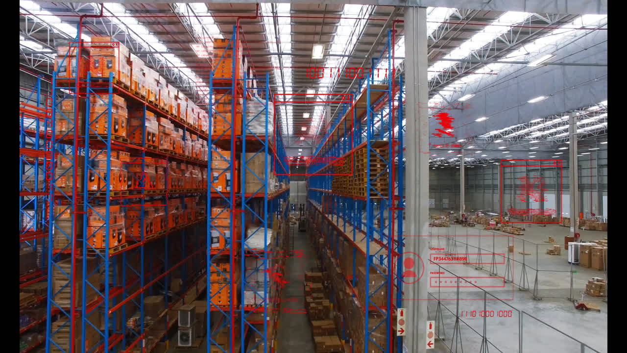 warehouse inventory management system animation over shelves stocked ...