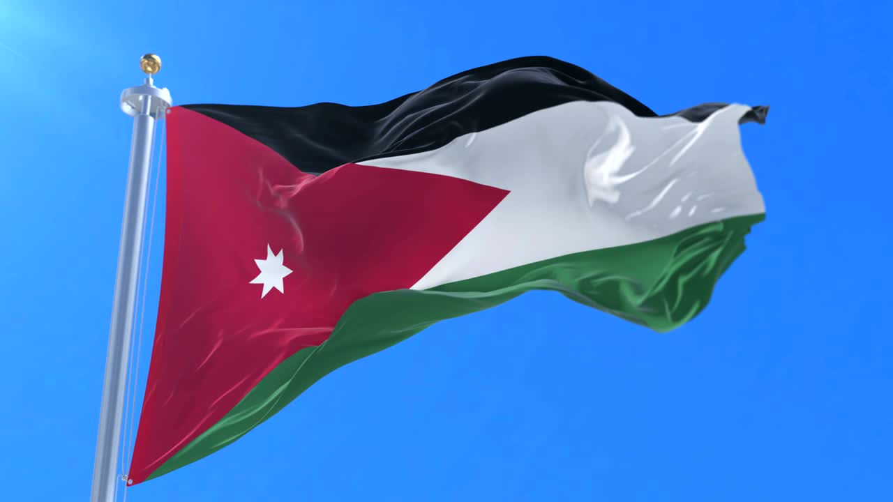 Jordanian flag waving at wind with blue sky in slow, loop | Premium ...