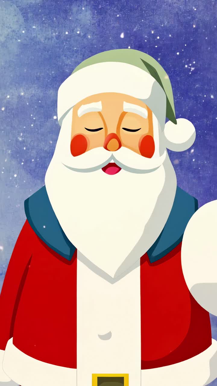 A whimsical, animated Santa Claus with closed eyes, set against a snowy ...