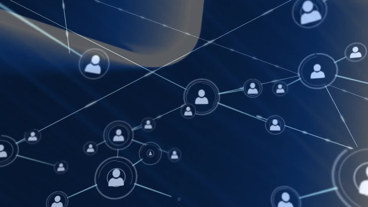 Animation of networks of connections with icons over black background ...