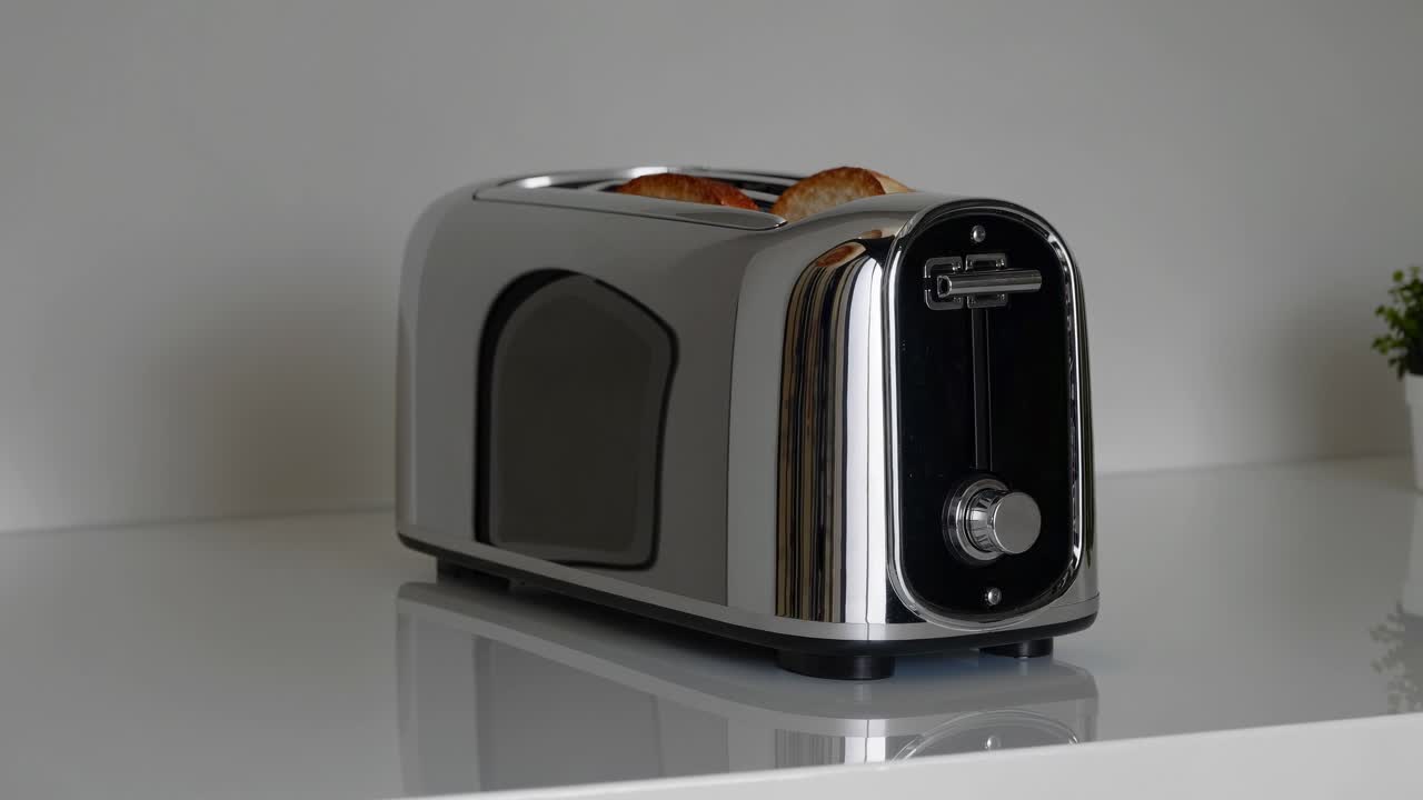 Sleek chrome toaster on a glossy surface, captured at a low angle ...
