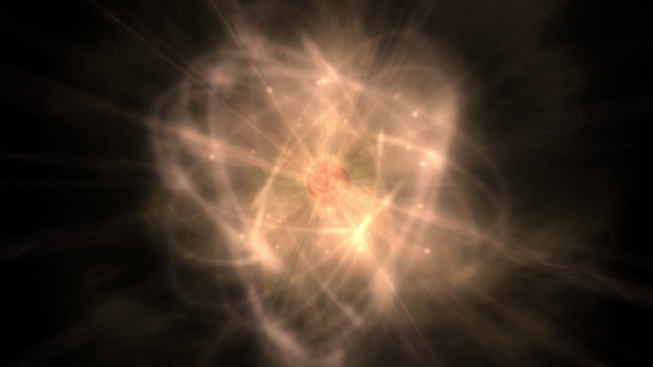 Atomic structure simulation including nucleus and electrons with camera ...