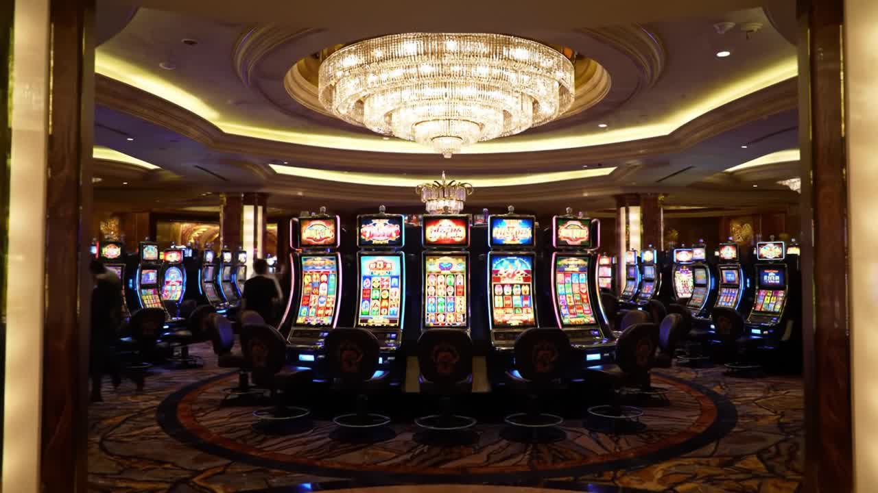 Illuminated Casino Interior Showcasing a Row of Slot Machines Under a ...