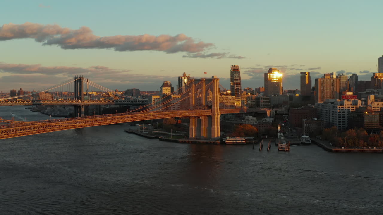 Large Suspended Bridge Lit By Setting Sun. Cruise Ship Heading To ...